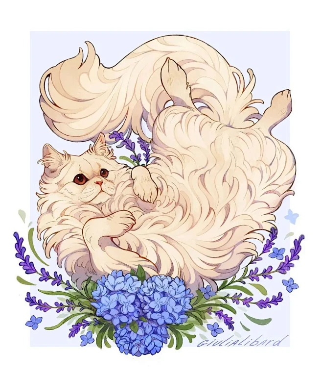 Giulialibard 作品的主题大多是猫狗狮虎等等动物，灵动飘逸的体态，还有对毛发的独特画法，给人软绵蓬松的感觉。-花瓣网