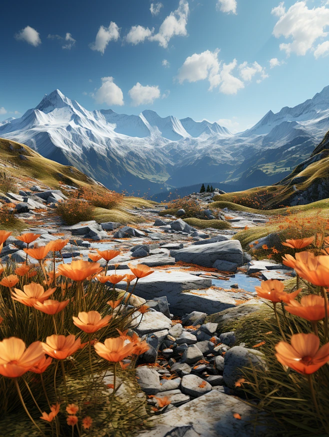 Natural mountain landscape, mountain bike,realistic blue sky, istic,Studio lighting,multi-lay-er ...