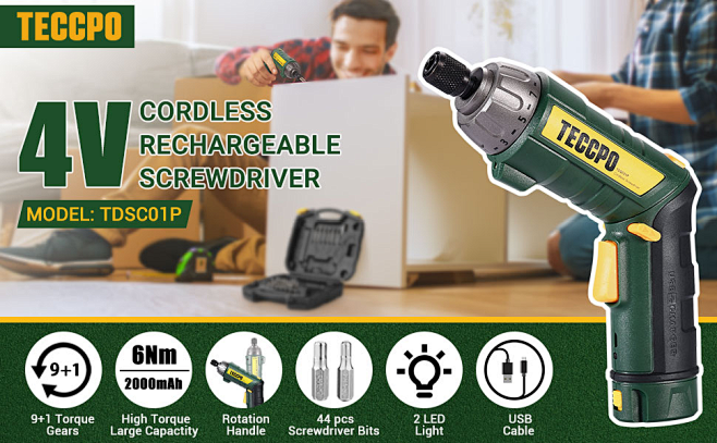 Electric Screwdriver, 45Pcs 6N.m, TECCPO Cordless Screwdriver, 4V ...