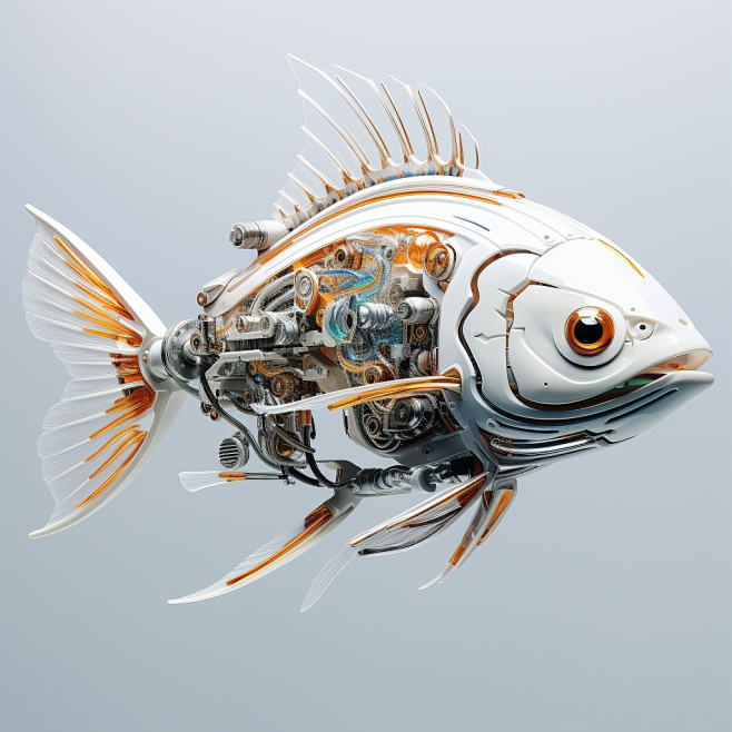 Bionic sea fish, half - mechanical half - fish, white background, high ...
