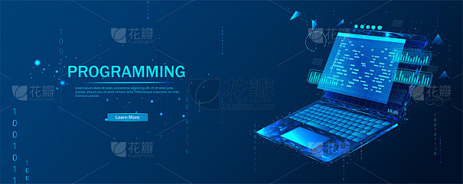 软件，网页开发，编程概念。在笔记本电脑屏幕上的抽象编程语言和程序代码。web开发、编码和编程。多边形