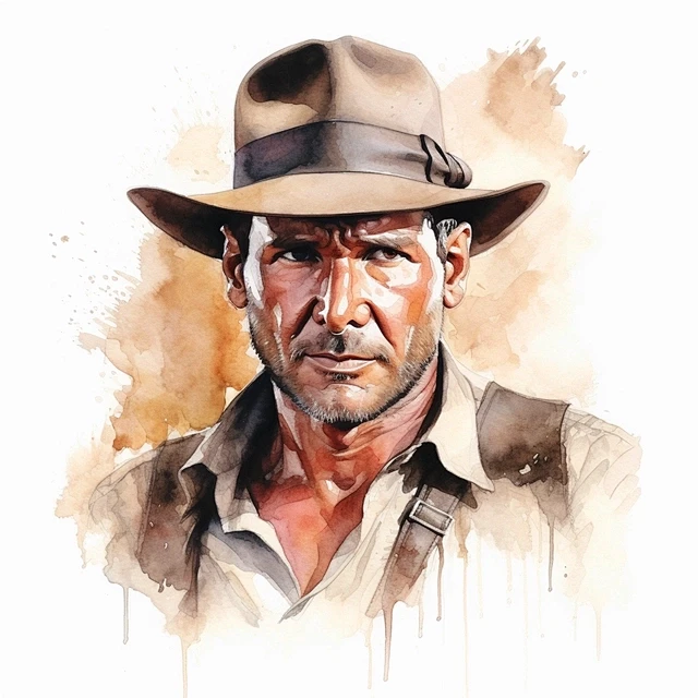 water color portrait of Indiana Jones in his 70’s-花瓣网