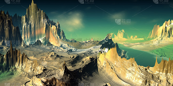Alien Planet. Mountain and lake. 3D rendering