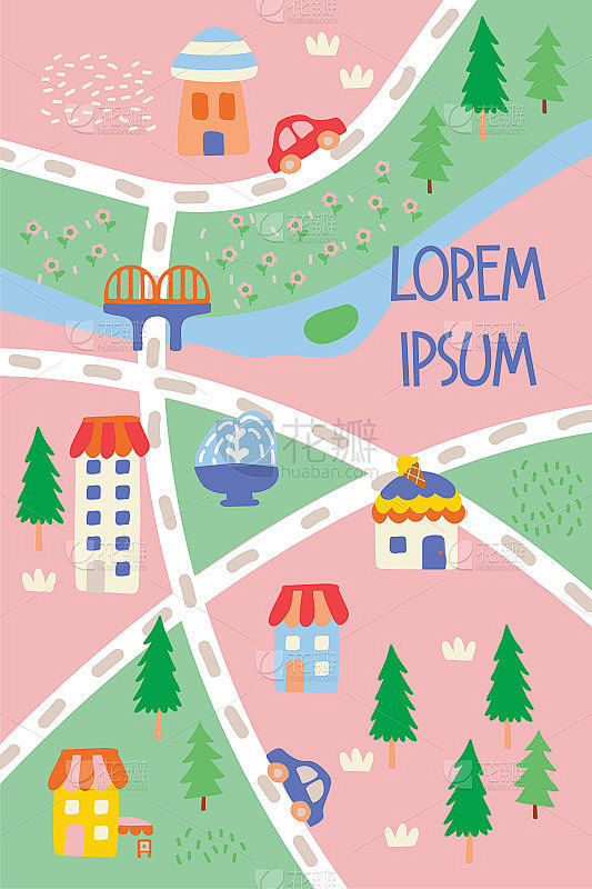 可爱的城市地图图案，儿童壁纸，幼儿园插图，家乡背景，房子和树的景观，城市地图收藏。