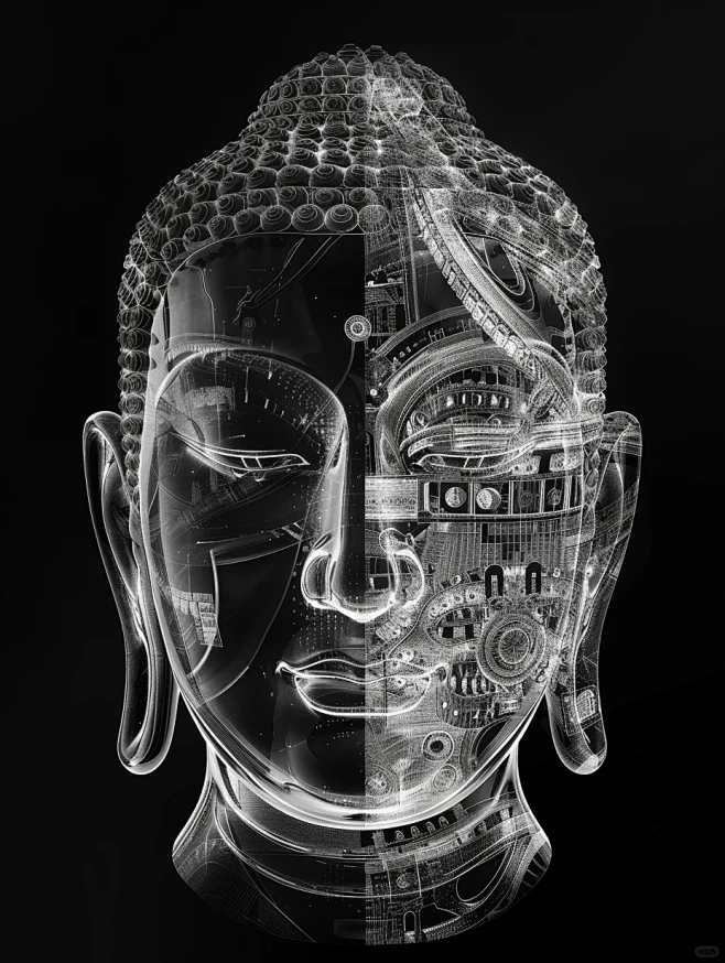 Buddha's head, half the face is a mechanical structure and the other ...