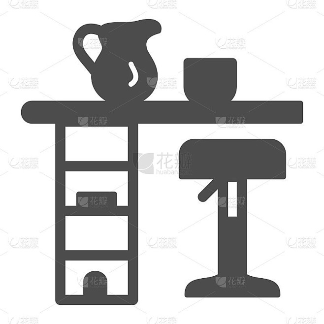 吧台与凳子，杯子和锅固体图标，室内设计概念，酒吧表矢量符号在白色背景，字形风格图标的移动概念和网页设