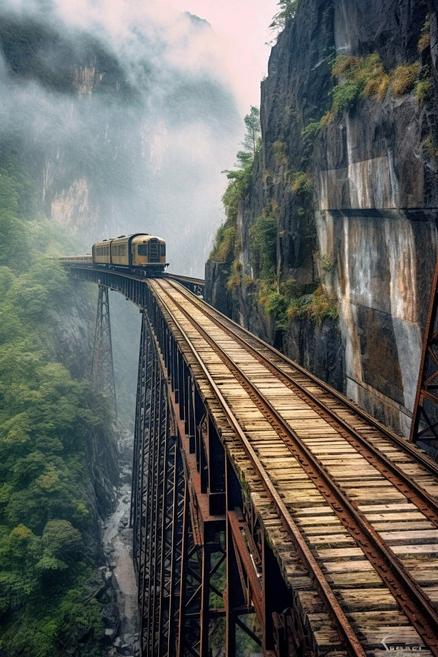 train tracks bridge on steep cliff Mountain terrain-花瓣网