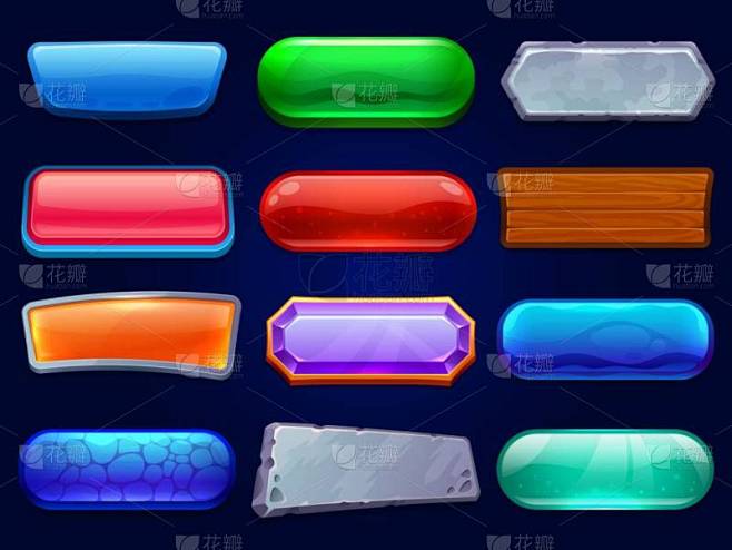 游戏按钮。游戏选项面板、菜单接口框架和游戏用户界面按钮卡通矢量图集