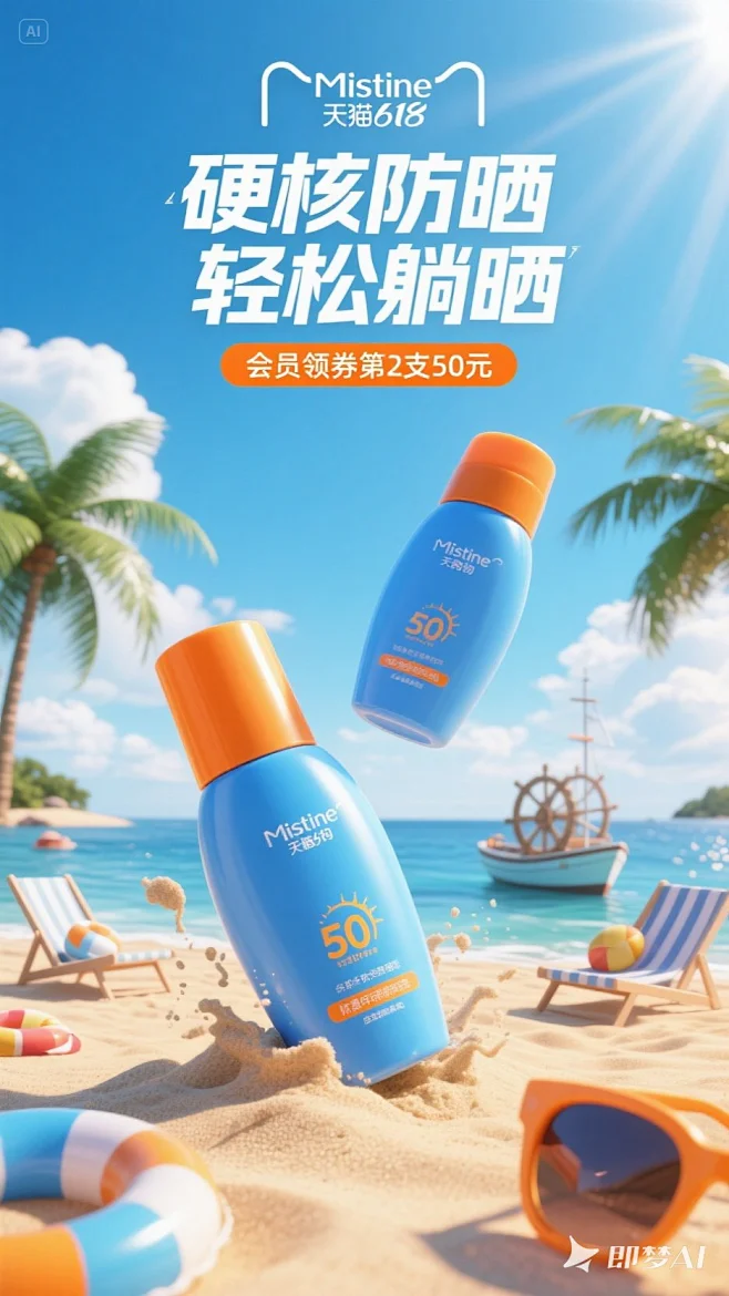 jimeng-2025-06-19-9230-请帮我生成4张海报。这是一张618大促Mistine防晒霜促销海报。顶部是“Mi-花瓣网