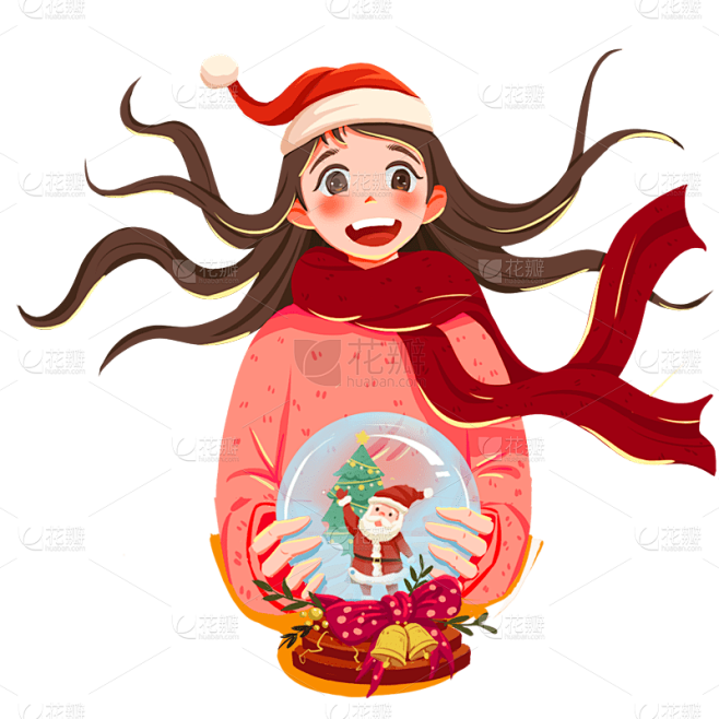 手绘圣诞节女孩抱水晶球元素贴纸