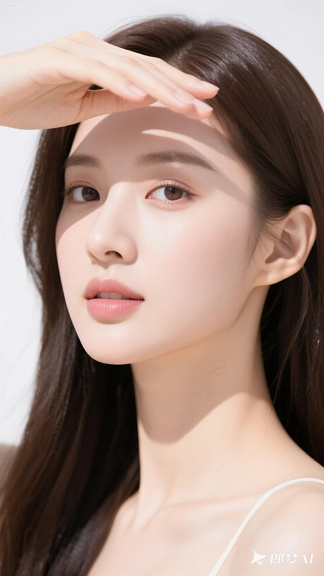 jimeng-2025-04-28-50-阳光照射着一位美丽的韩国模特，优雅。模特做出遮阳动作，背景简约，干净美学，高品质护肤品广告风格。4K ...