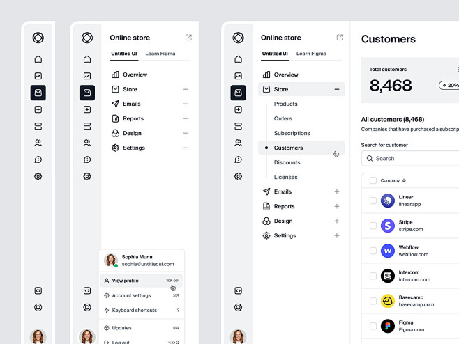 库存管理导航 — 无标题 UI crm 仪表板 库存管理菜单 极简主义 现代 ui 导航导航 产品设计 侧边栏 sidenav 表 ui 设计 用户界面 ux 设计