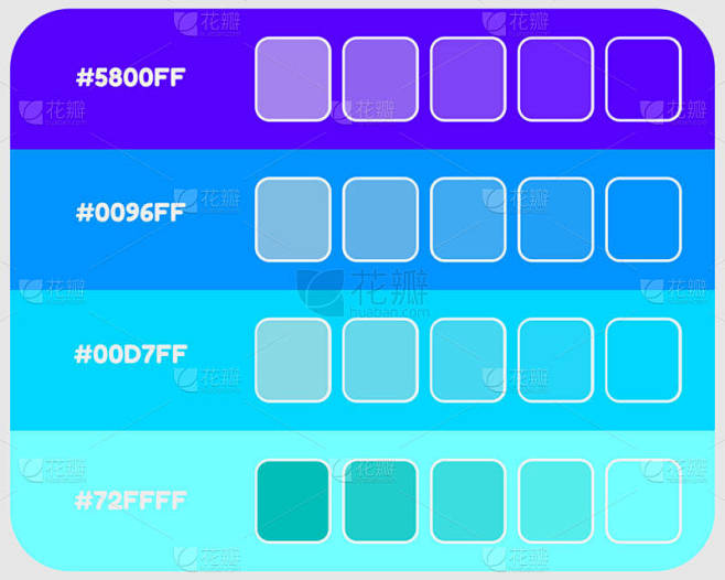 深蓝色和浅蓝色调色板矢量，霓虹灯色彩目录，rgb泛音色彩，设计和编辑理念，色彩匹配，和谐色彩调色板样