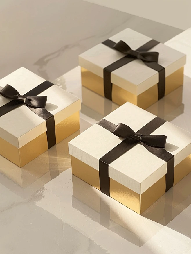 Product photography, three gold gift boxes with white lids and black ...