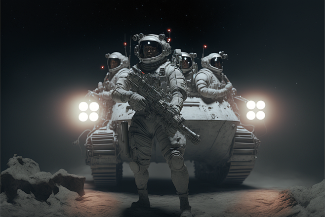 an astronaut soldier crew is riding on an armoured nasa lunar rover ...