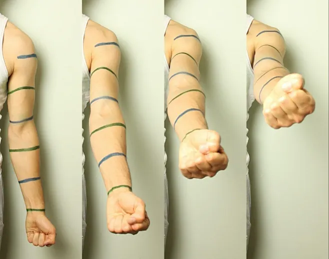This may contain: four different angles of a person's arm with strips ...