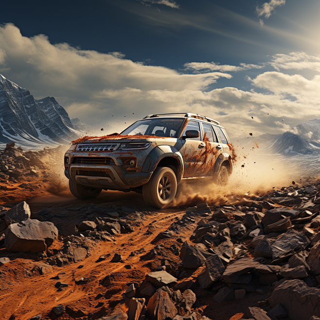 lei5471_An_SUV_car_climbing_a_hill_rocks_flying_spacious_backgr ...