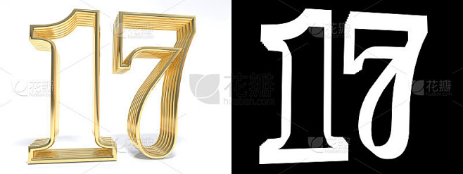 金色数字17，白色背景，投影和alpha通道。三维演示