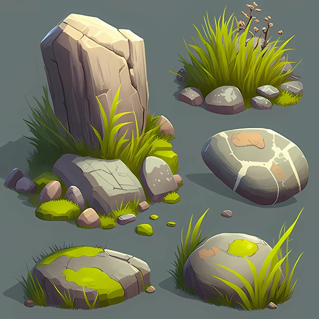 Stone and moss shading study-花瓣网