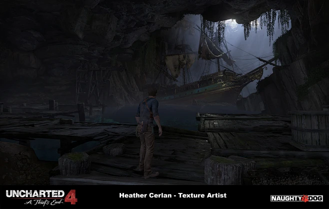 Uncharted 4 - Avery's Cave and Ship, HEATHER CERLAN : I worked on this cave descent area and ...