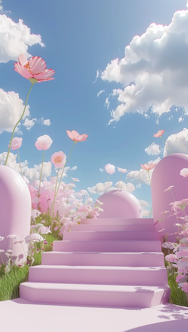 3d rendered blue sky image with flowers and step, in the style of ...