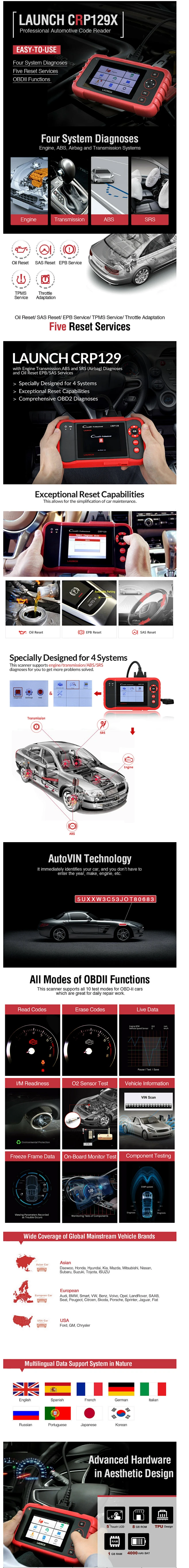 LAUNCH CRP129 129X 129E OBD2 Scanner Car Diagnostic Service Tool SAS ...