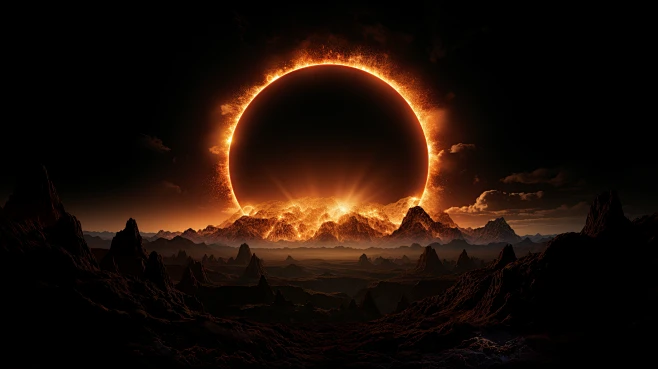 General 2912x1632 AI art eclipse fire landscape mountains digital art explosion rock formation ...