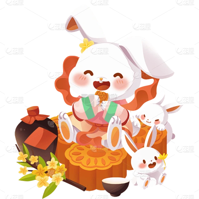 卡通-中秋节元素-兔子素材-花瓣网