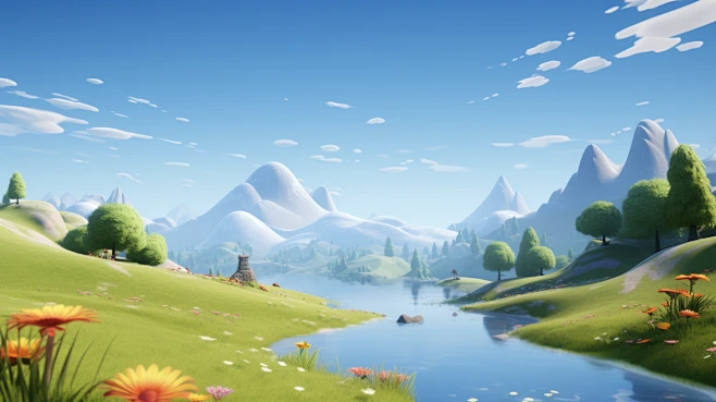 landscape in green with mountains around, in the style of 8k 3d, light ...