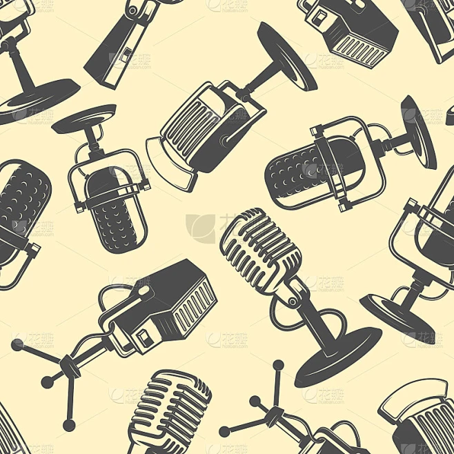 Seamless pattern with retro microphones in monochr素材-花瓣网