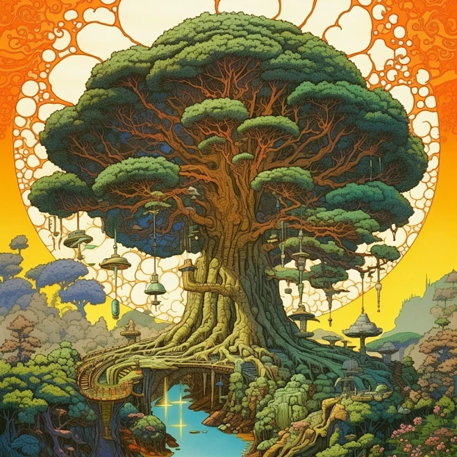 tree of life imposing over a fantasy landscape, detailed, high quality ...