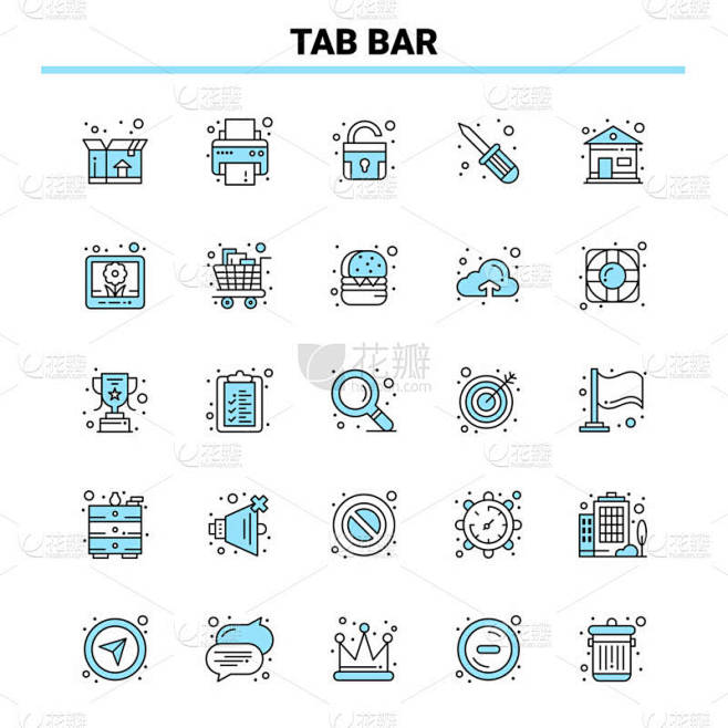 25 Tab Bar Black and Blue图标集。创意图标的设计和记录