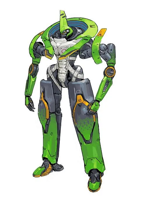 This may contain: a green and yellow robot standing in front of a white ...