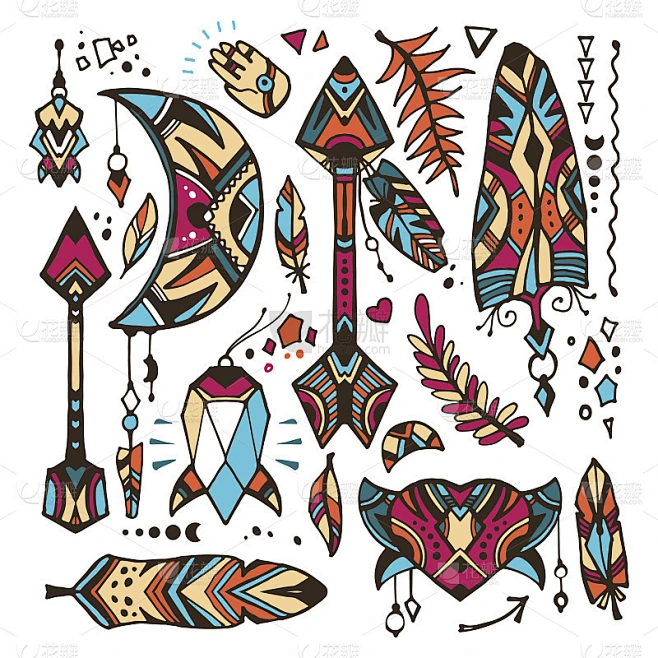 一组波西米亚风格的涂鸦。波西米亚风格的设计。素材-花瓣网