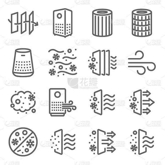 空气净化器图标插图向量集。包含灰尘，氧气，抗菌，空气污染，pm 2.5，空气过滤器等图标。扩大中风