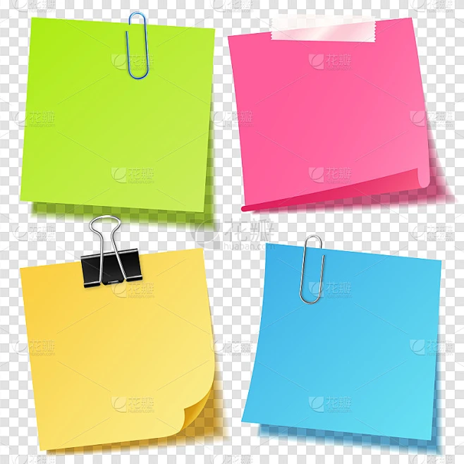 逼真的彩色空白贴与剪贴夹。彩色纸条。纸提醒。矢量图素材-花瓣网