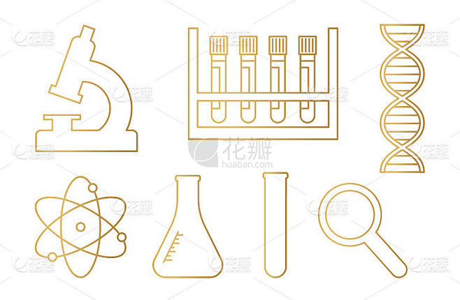 一套黄金科学图标:显微镜、实验室试管、DNA、原子和放大镜