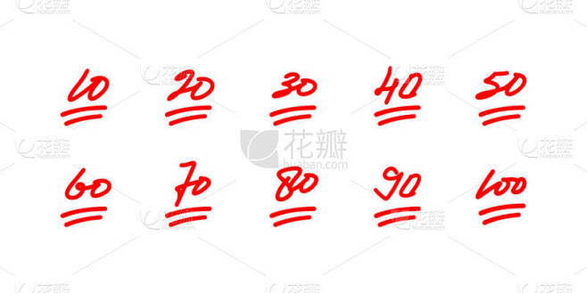 考试分数图片集，手绘分数集合，红色测试结果图片集，在白色背景下隔离-向量