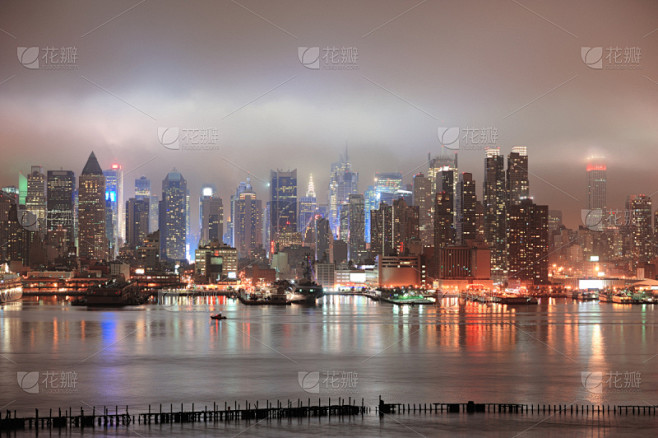 纽约,曼哈顿,哈德逊河,新泽西,水平画幅,建筑,夜晚,美国中大西洋地区,无人,城市天际线