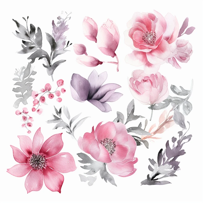 AI绘画_Prompts_Tolyamba_Watercolor_Pink_and_Silver_Floral_Clipart_white ...