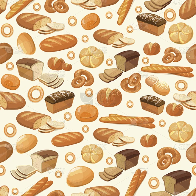 矢量面包无缝图案与卡通面包素材-花瓣网