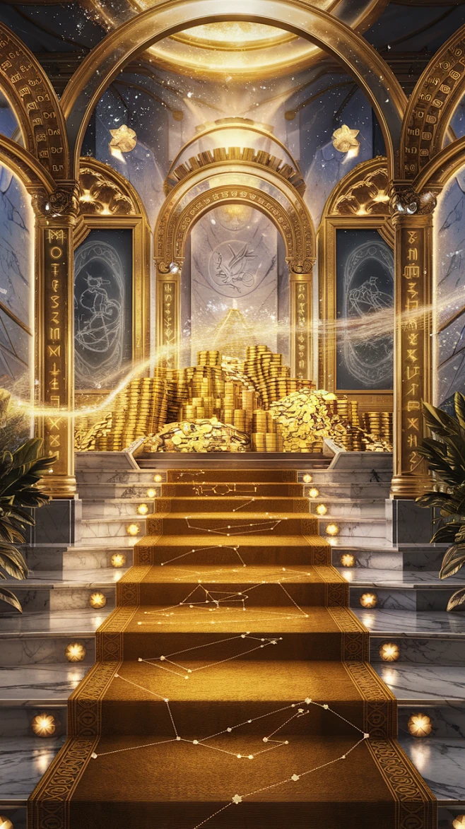 an artistic scene with stairs leading up to a golden throne in the ...