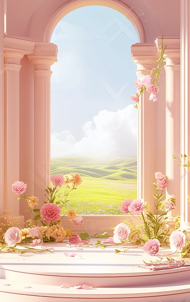 a beautiful room with columns and flowers, in the style of pastel ...