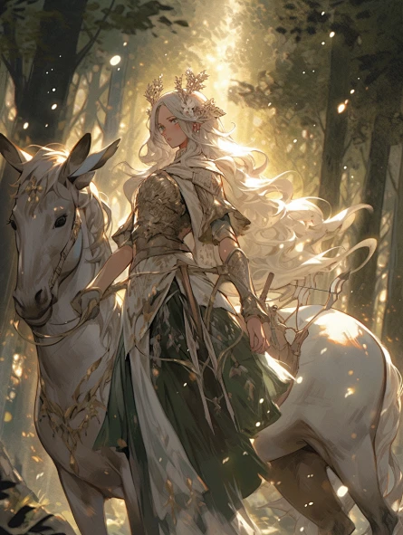 A beautiful centaur maiden, with long green hair, a golden crown ...
