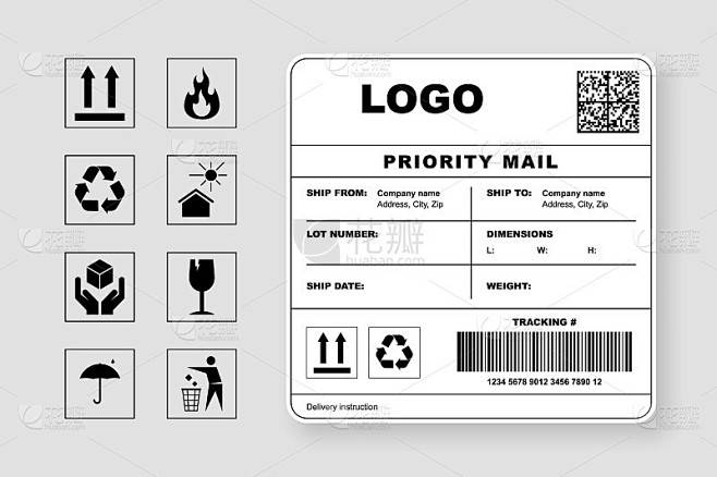 货物装运标签优先邮件模板和警告标志