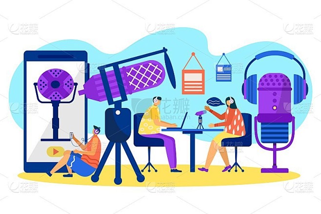 音频播客，人们通过麦克风记录声音，矢量插图。男女人物性格在媒体工作室，沟通