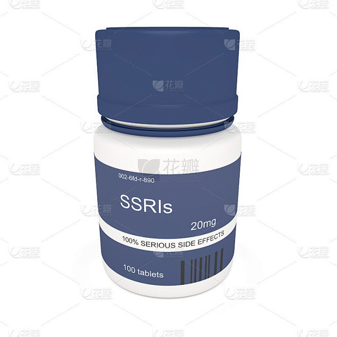 药物概念:蓝色药瓶SSRIs的副作用，白色背景上的3d插图