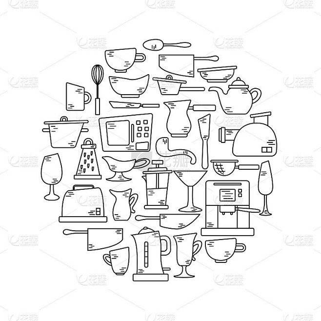Kitchen appliances in lines with doodles. Utensils