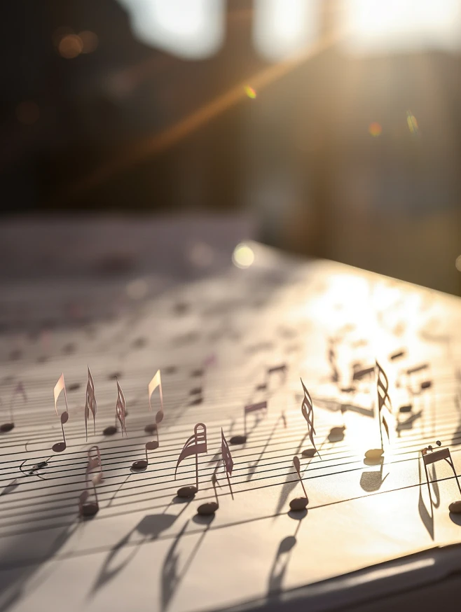 Music sheet with musical notes dancing on the music sheet lines, low ...