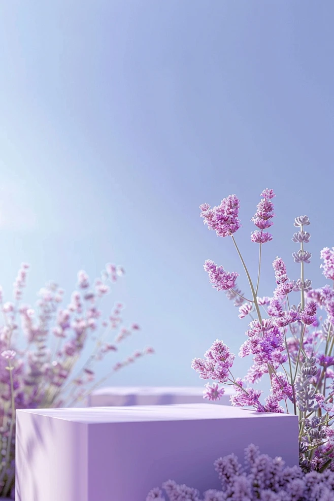 A light purple rectangular podium on the right, sky blue background ...